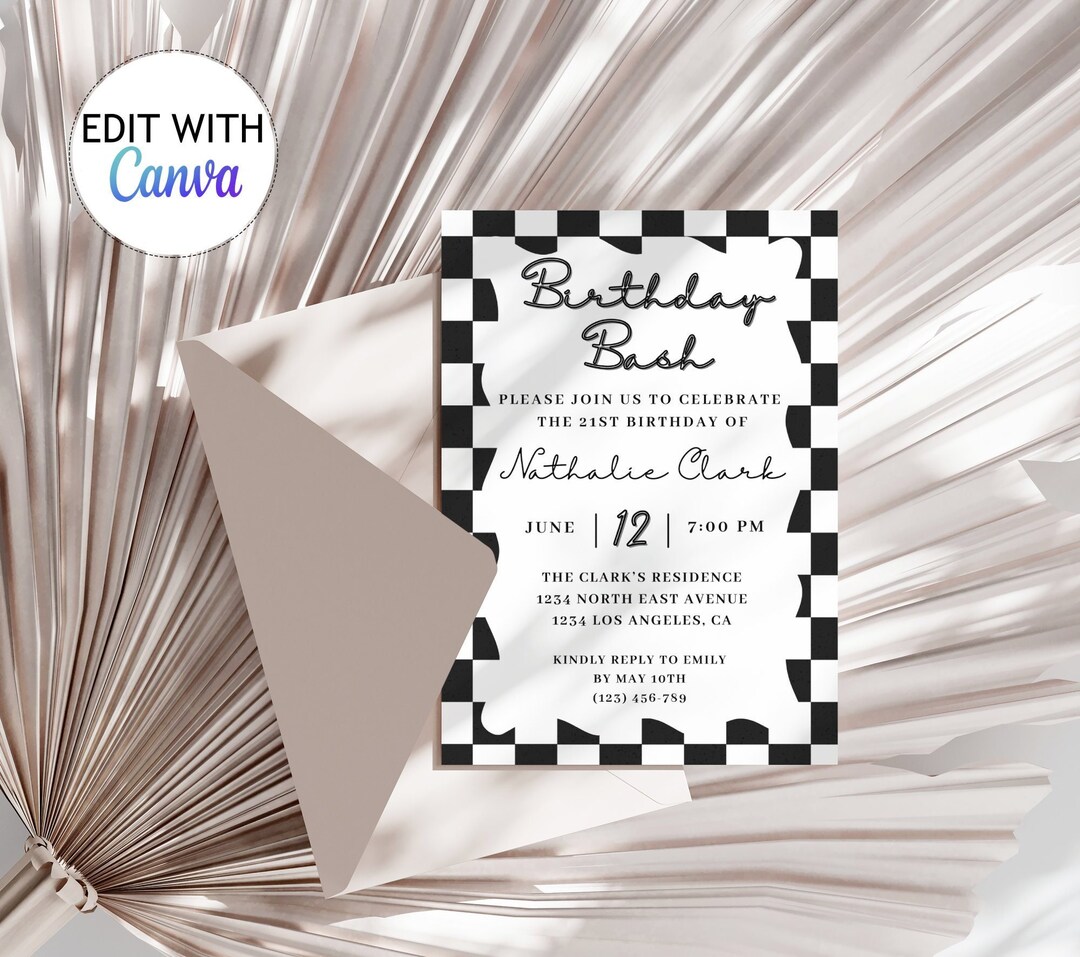 White Black Checkerboard Invite Template Printable Retro Birthday Party ...