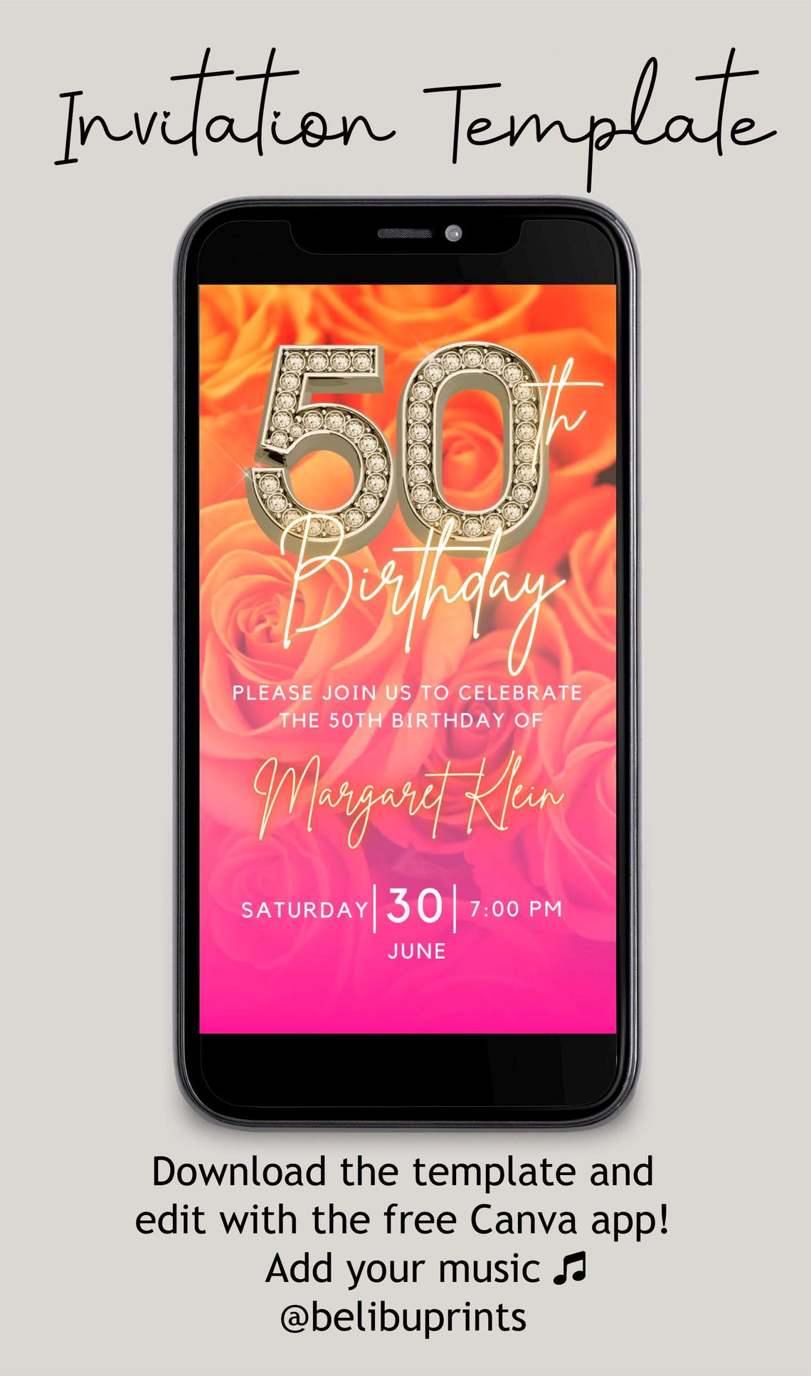 Digital 50th Birthday Orange Pink Invitation Fifty Roses Birthday Video ...