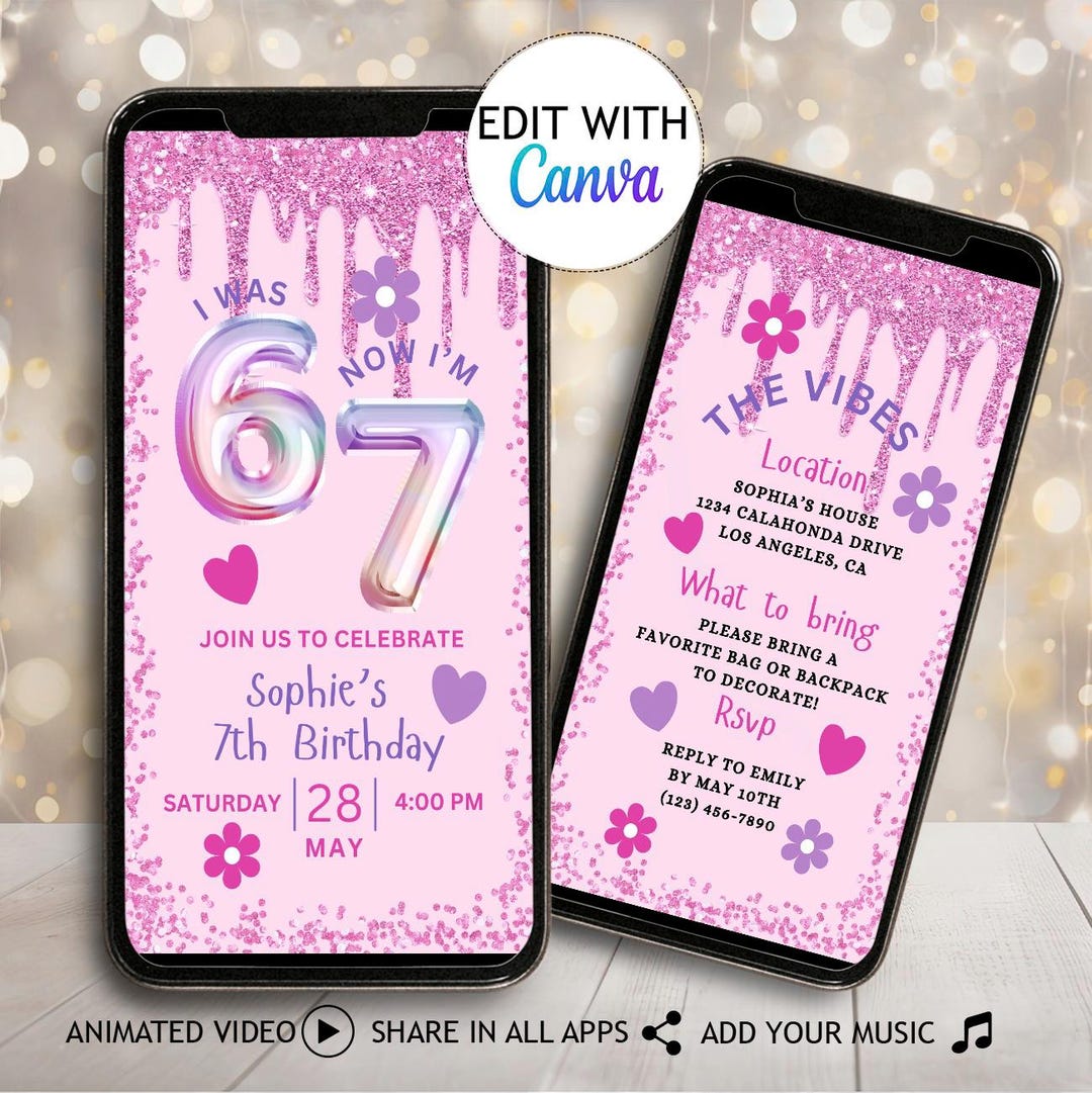 6-7 Birthday Invitation for Girls Editable Meme Trend Six Seven Party ...
