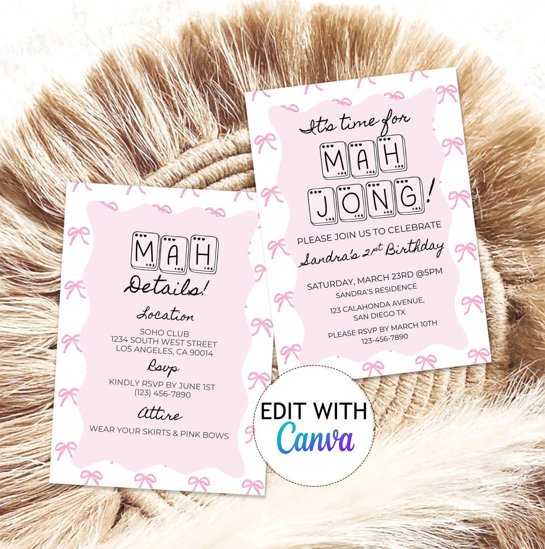 Editable Mahjong Party Invite Girls Night Template Printable Bow ...