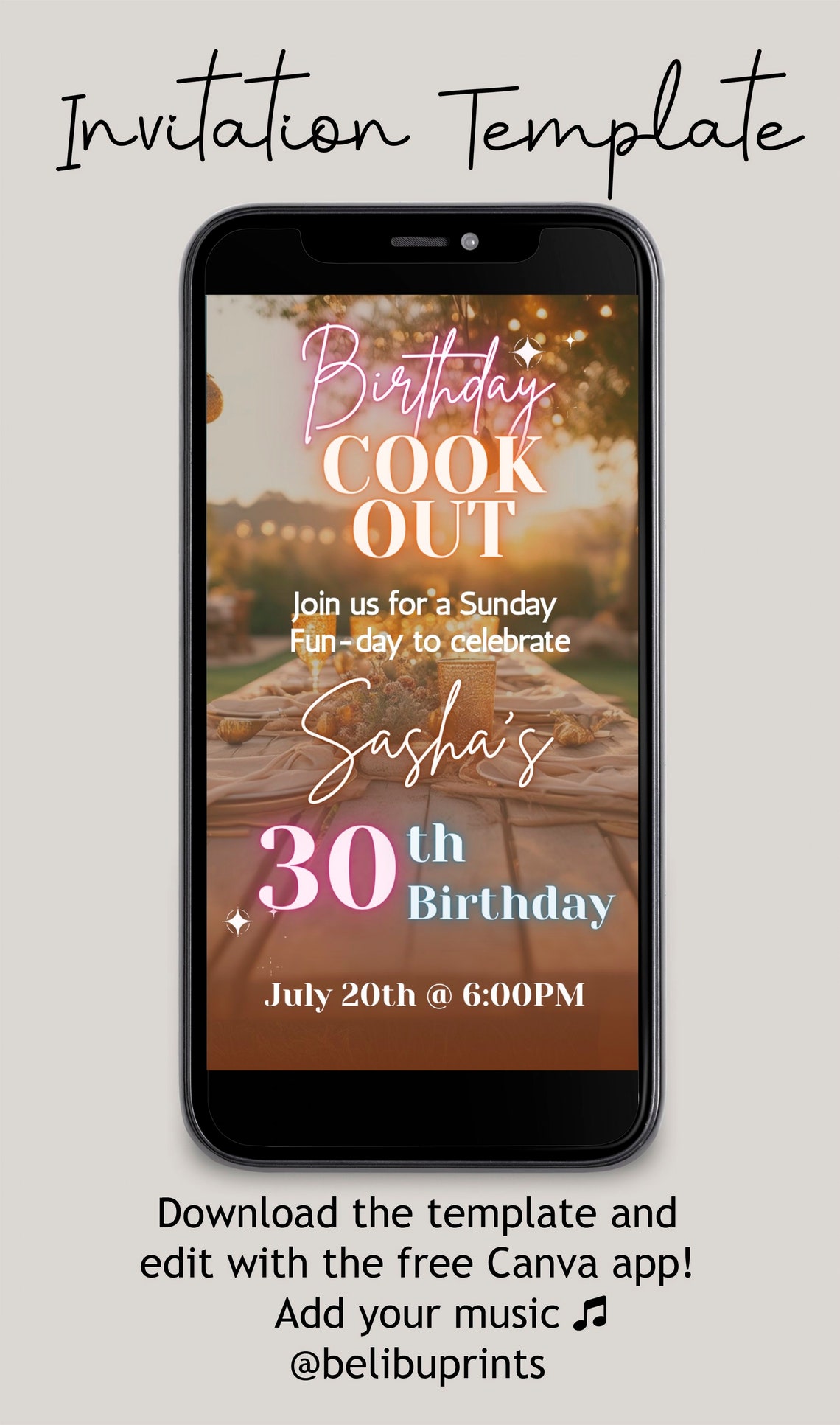 Digital Cookout Birthday Party Invitation Template Gold Neon BBQ Dinner ...