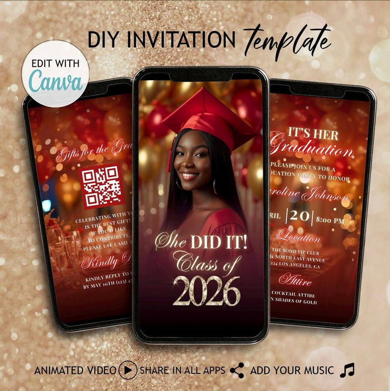 Red Graduation Invitation Template Digital QR Code Graduation Party ...