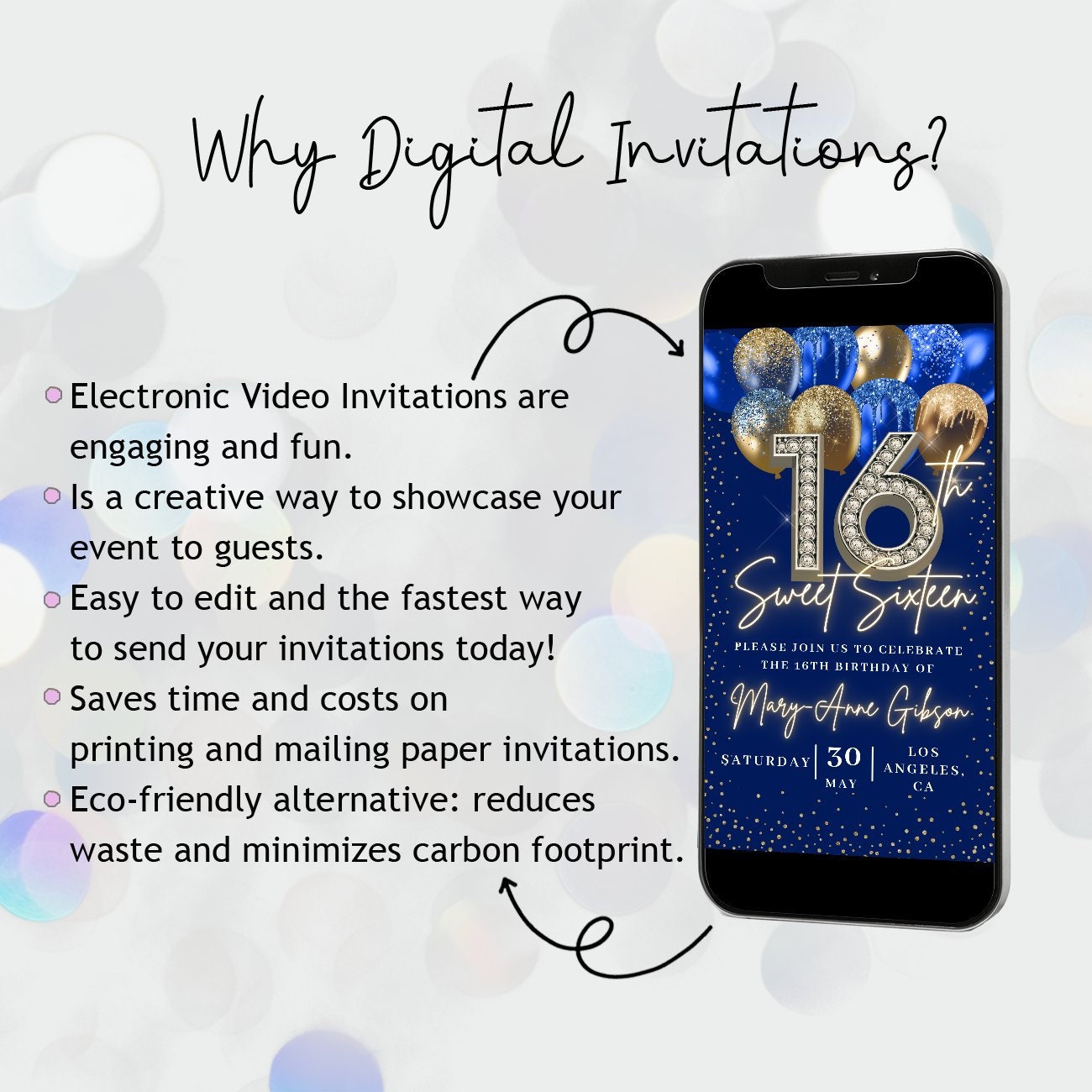 Electronic Royal Blue Gold Sweet Sixteen Birthday Video Animated ...