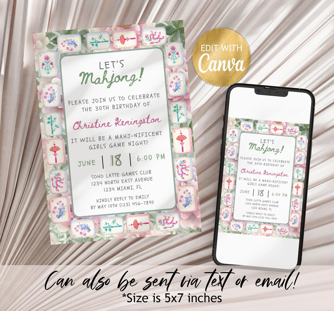 Green Pink Mahjong Invitation: Editable Game Night for Ladies DIY Girls ...