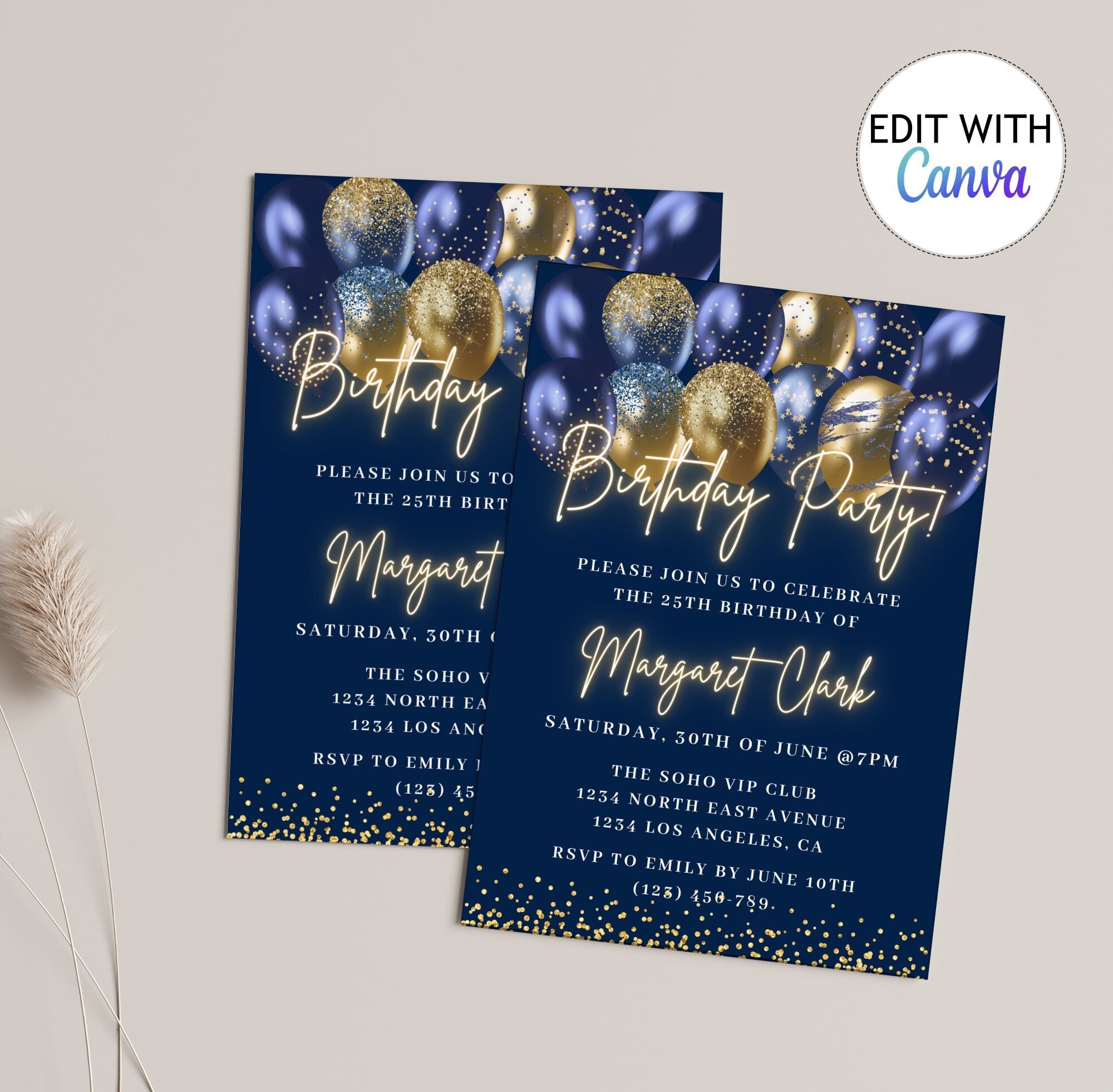 Navy Blue Birthday Party Invitation Template Editable Blue Birthday ...