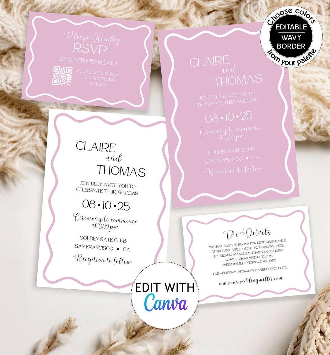 Curvy Pink Border Wedding Invitation Suite Pink Rose Squiggly Wedding ...
