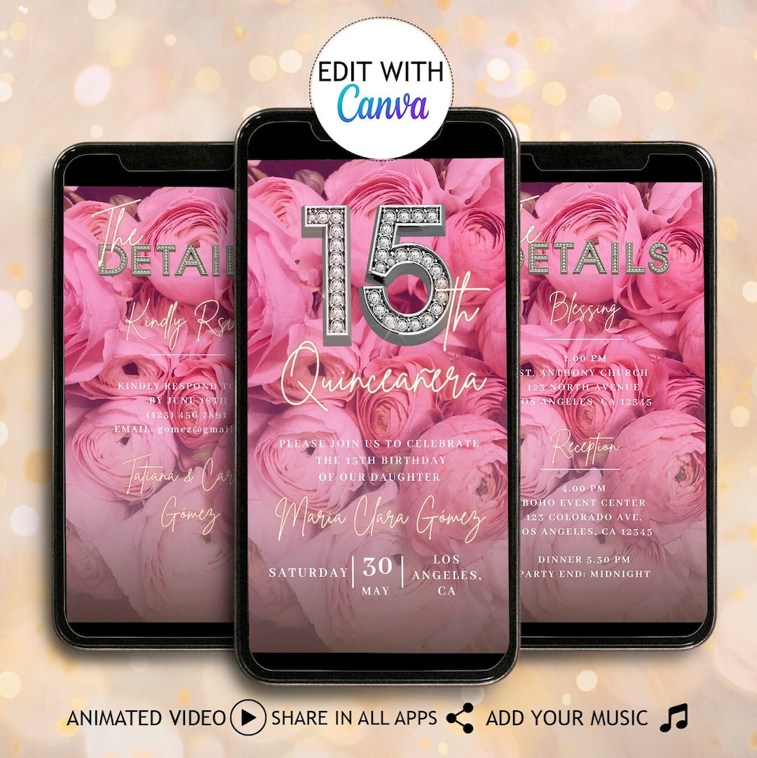 Digital Pink Floral Quinceanera Birthday Invitation Template Electronic ...