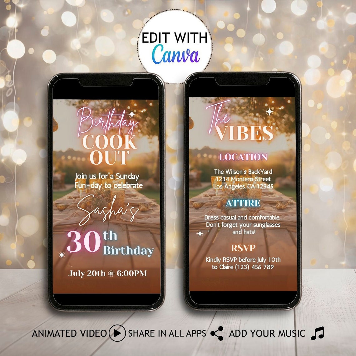 Digital Cookout Birthday Party Invitation Template Gold Neon BBQ Dinner ...