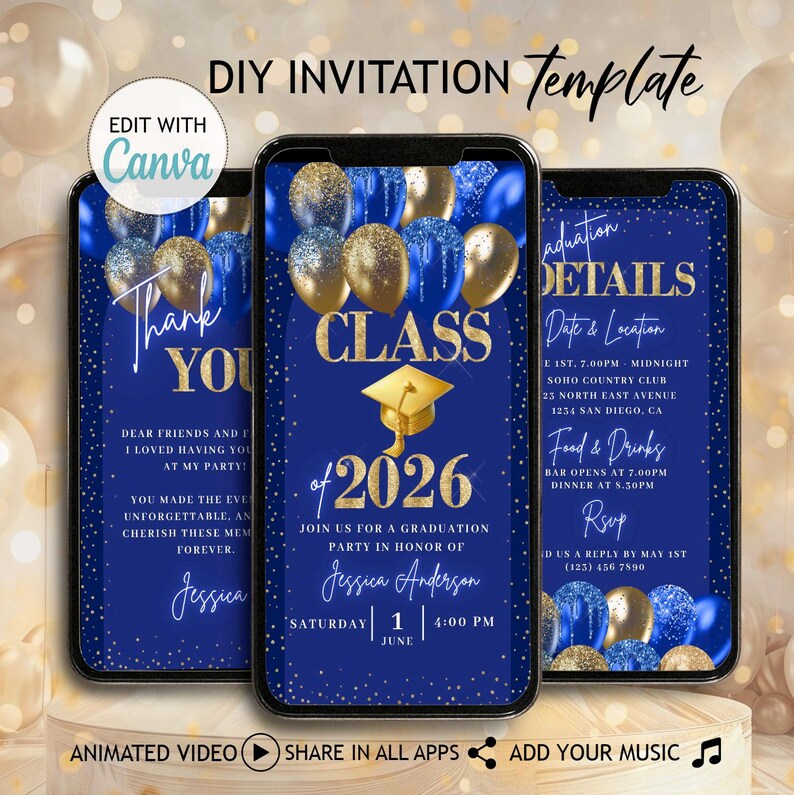 Digital Royal Blue Gold 2026 Graduation Video Invitation Template ...