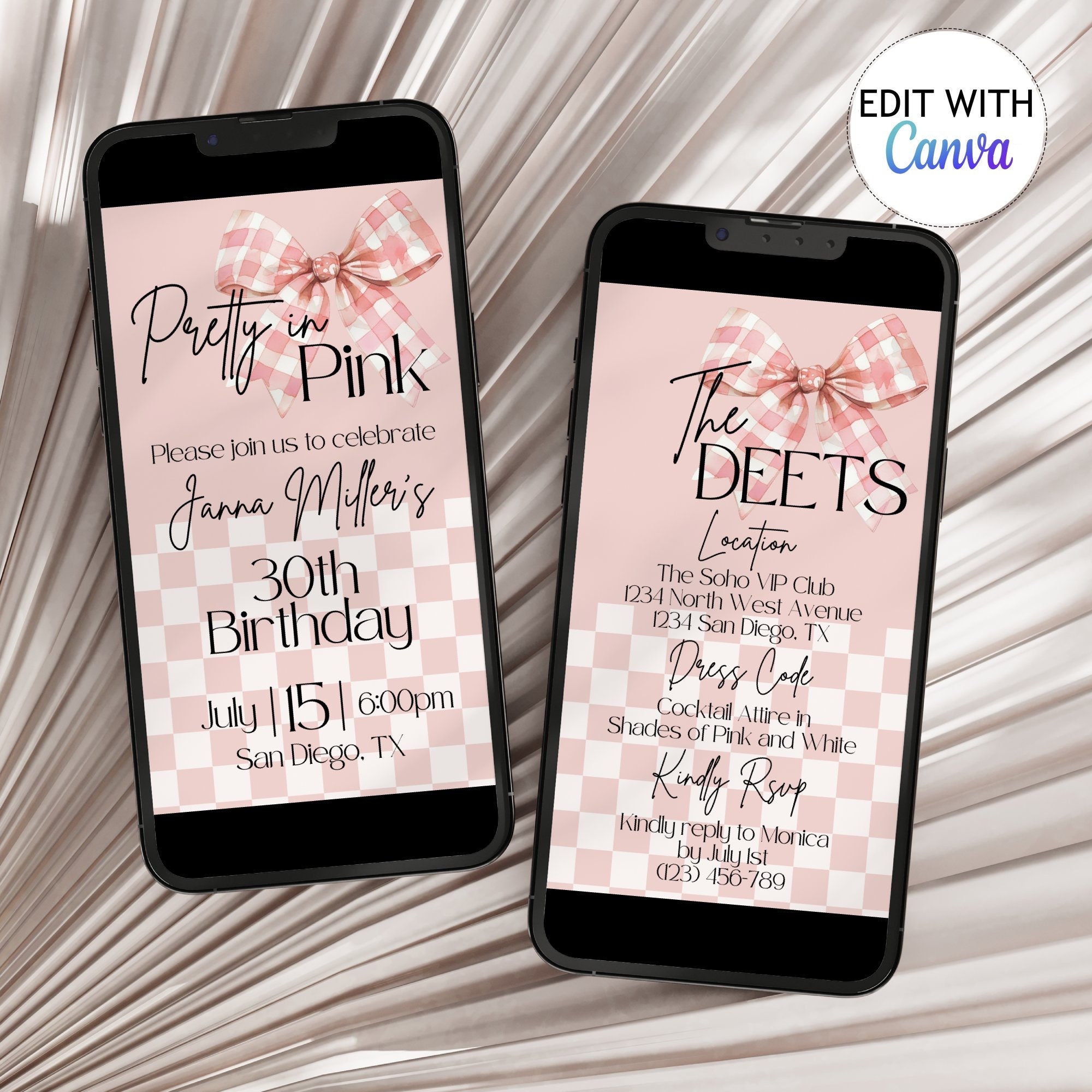 Digital Pink Coquette Birthday Party Video Invitation Template Editable ...