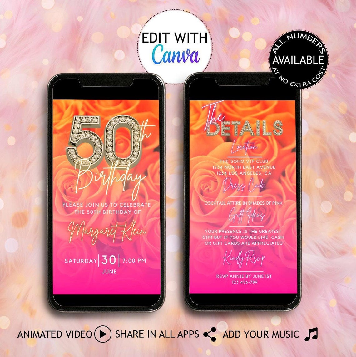 Digital 50th Birthday Orange Pink Invitation Fifty Roses Birthday Video ...