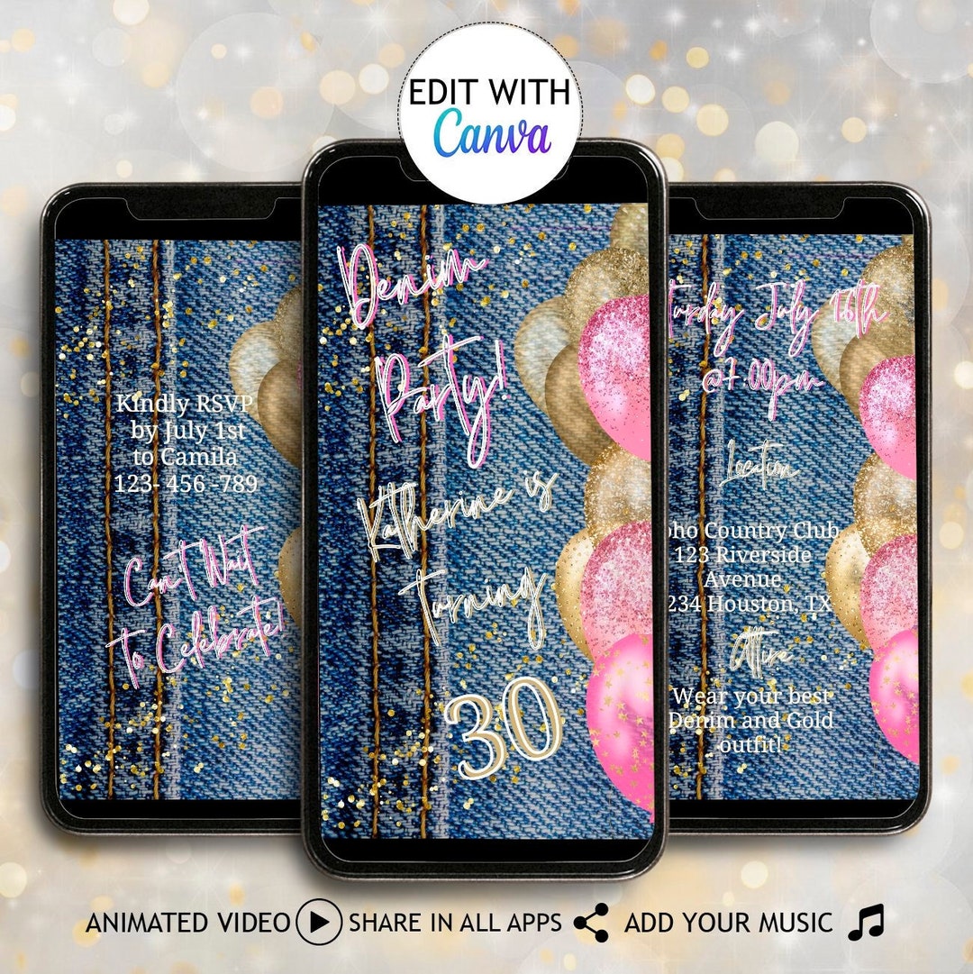 Digital Denim Birthday Party Video Invitation Template Denim Gold ...