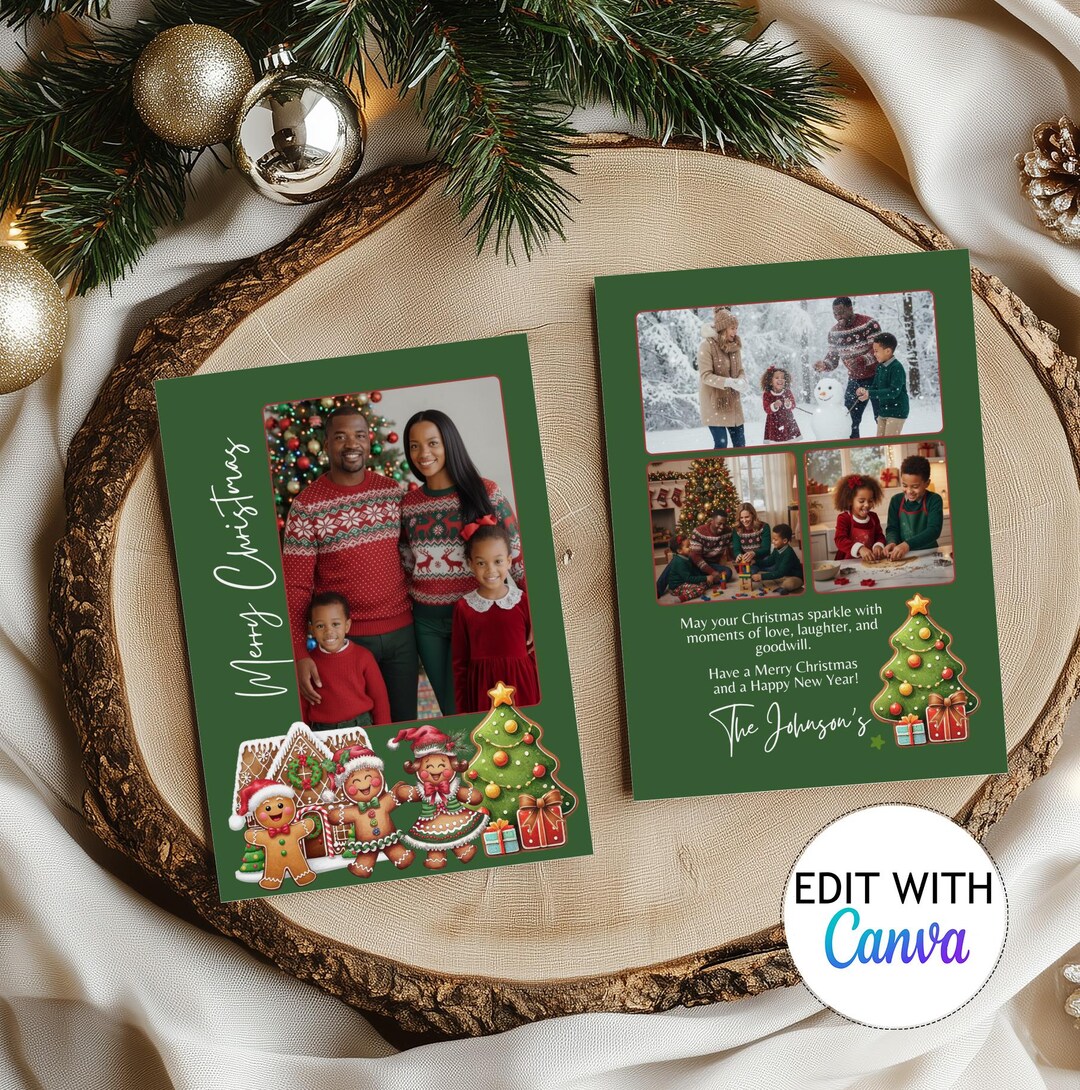 Gingerbread Christmas Greeting Card With Photos: Editable Green ...