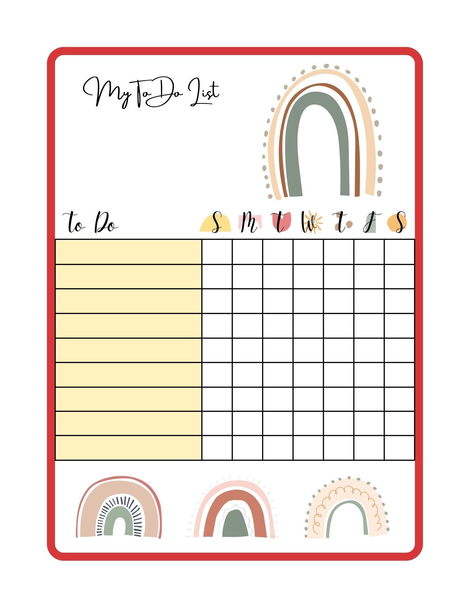 Adult Weekly To Do List Template Boho Rainbow | Etsy