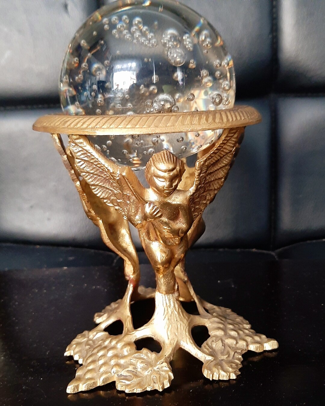 Vintage Brass Angel Stand, Ball Holder With Air Bubble Glass Ball ...