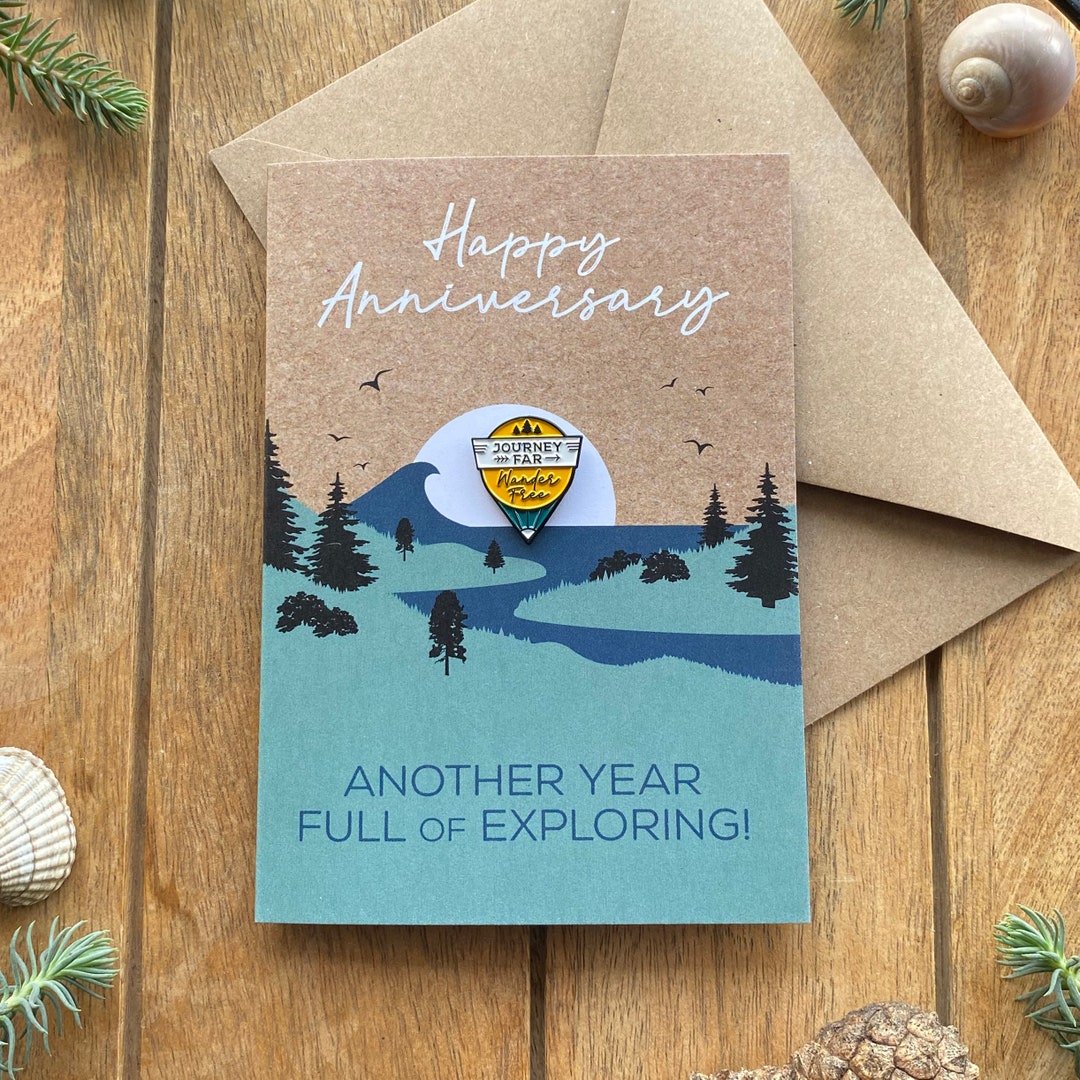 Adventure Anniversary Card: Travel Couple Gift With Enamel Pin - Etsy