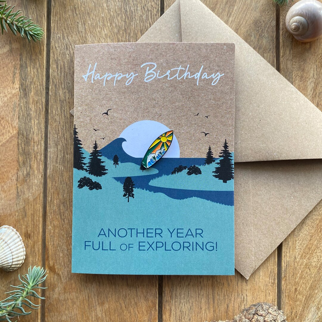 Adventure Birthday Card for Surfer With Keepsake Enamel Pin Badge ...