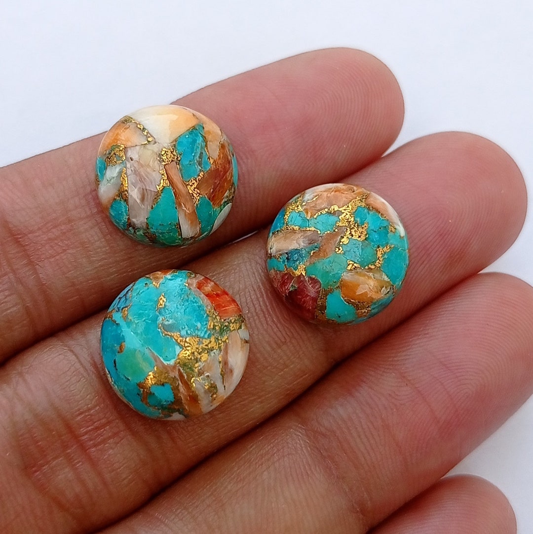 5 Piece Lot Natural Spiny Oyster Turquoise Round Shape Flat Back ...