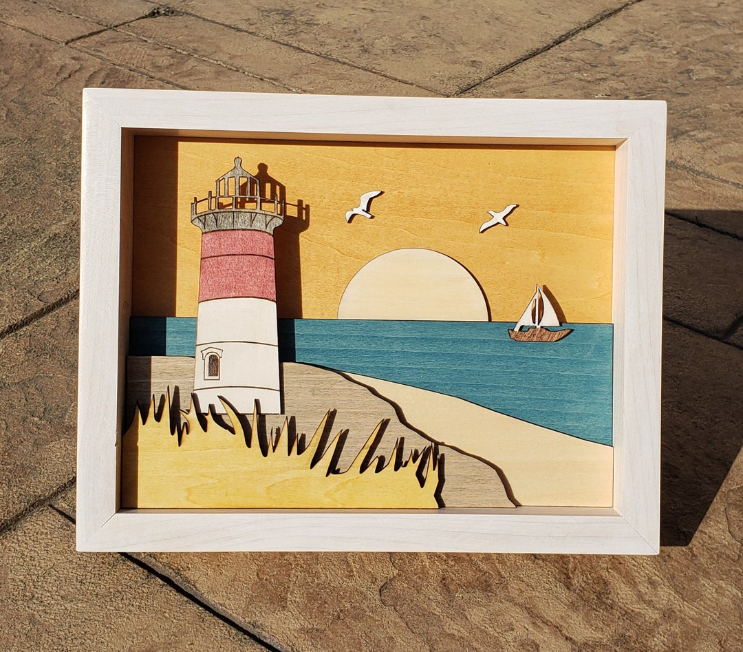 Lighthouse Beach Scene 3D Shadow Box Laser Cut, Stained, Painted 11.5 X ...