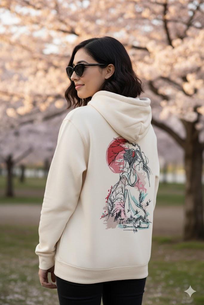 Geisha Machine Embroidery Design, Japanese Line Art, Red Sun, Oriental ...