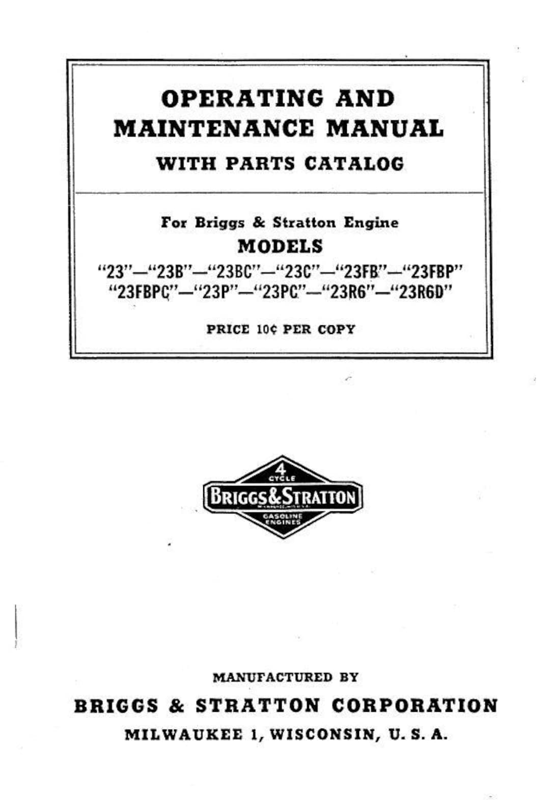 Briggs and Stratton Model 23 23B 23C Engine Operators Owners Parts ...