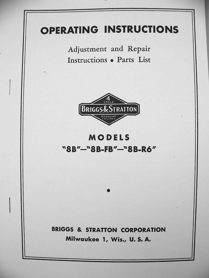 Briggs And Stratton 8b Fb Engine Operators Repair Manual Service Owners