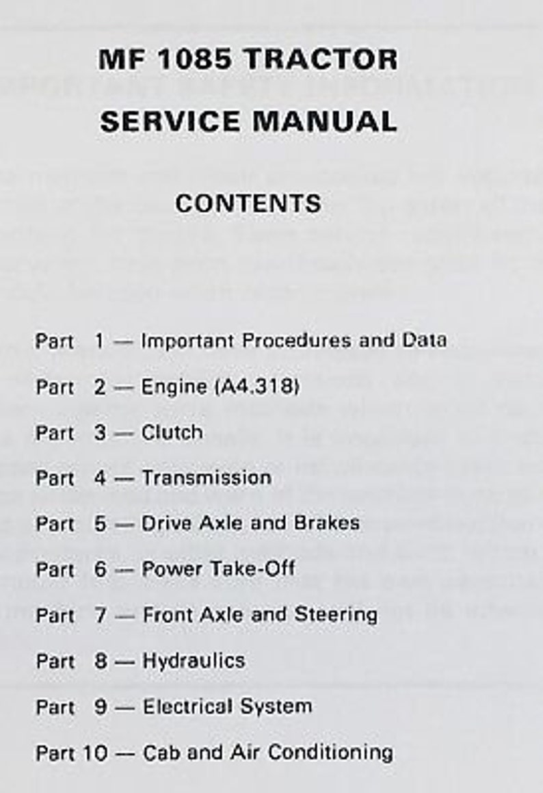 Massey Ferguson 1085 Tractor Service Repair Shop Manual Technical ...