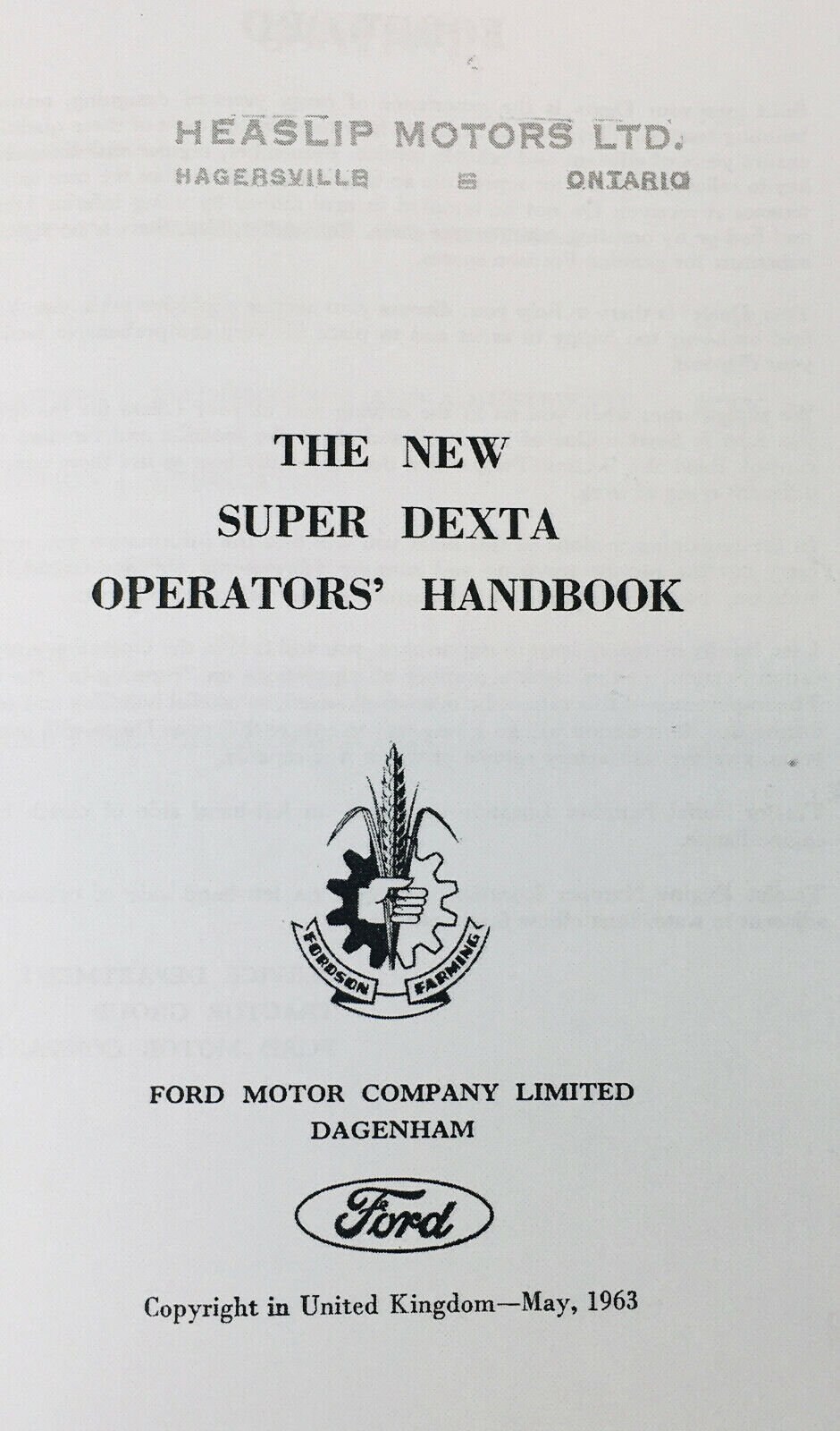 Fordson Dexta Super Dexta Operators Owners Manual Maintenance ...