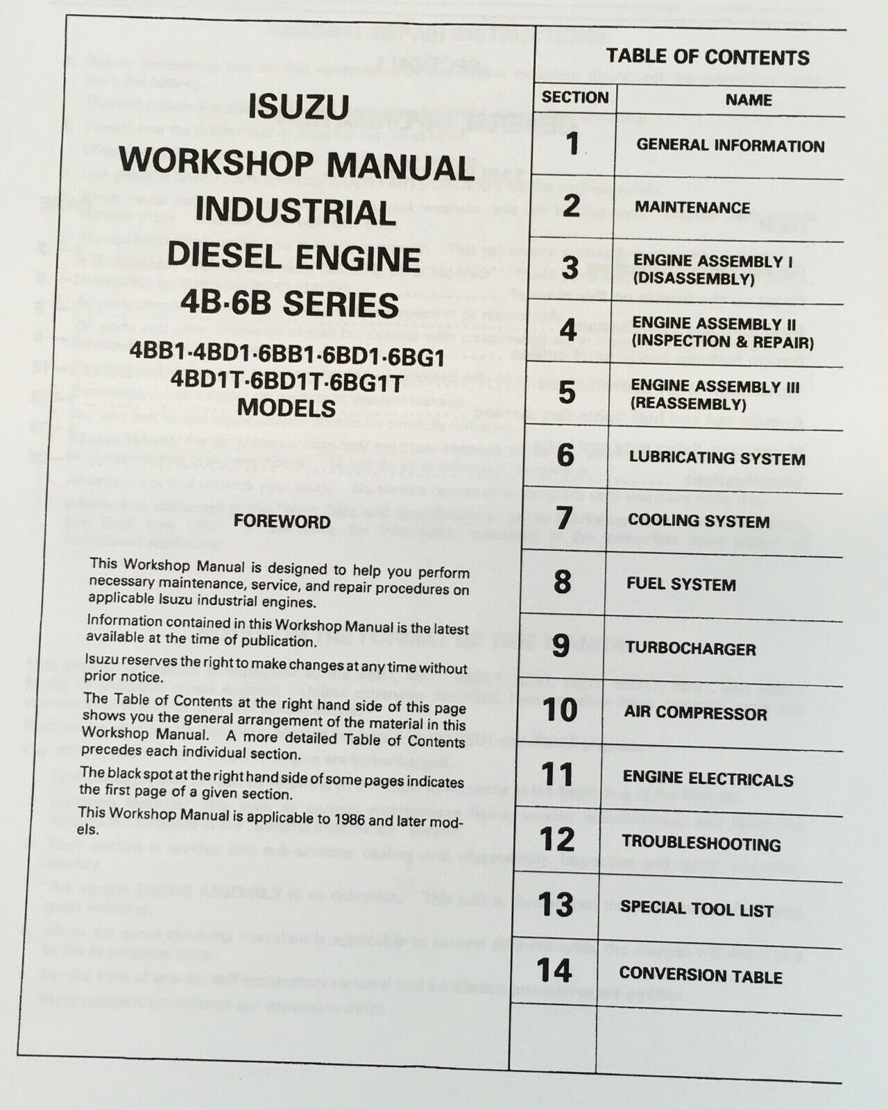 Isuzu 4bb1 4bd1 Industrial Diesel Engine Service Manual Repair Shop ...
