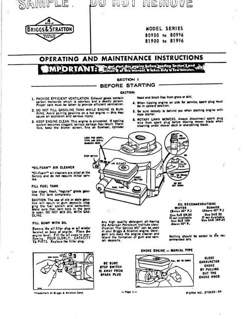 Briggs and Stratton 3hp Engine 81900 to 81996 Operating Manual ...