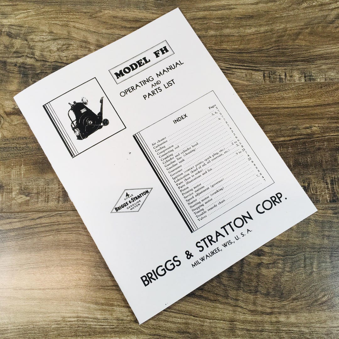 Briggs and Stratton Model Fh Gas Engine Motor Owners Operators & Parts ...