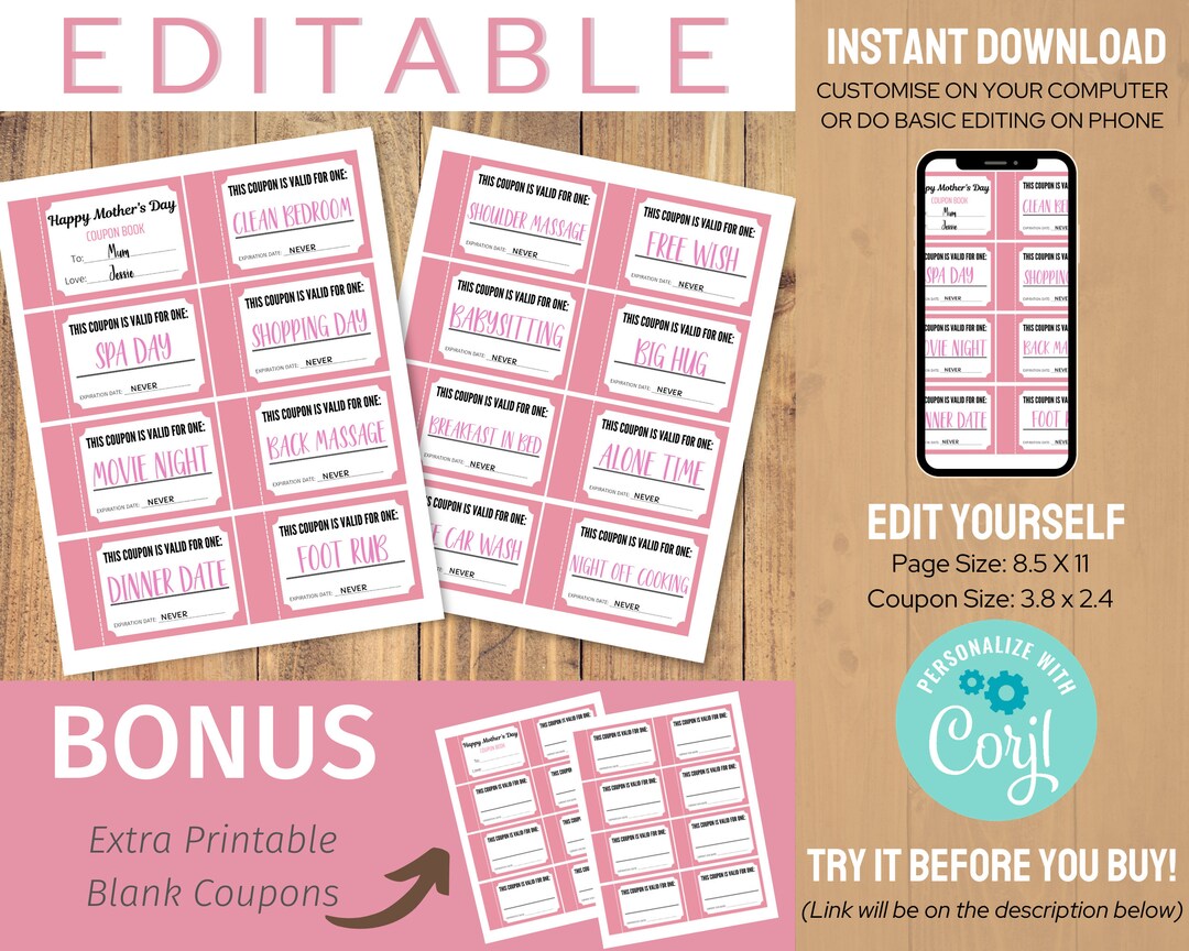 Libro de cupones editables del Día de la Madre, Regalos personalizados ...