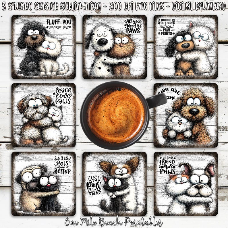 Funny Dog Cat Coaster Sublimation Design, Pet Friends PNG (digital ...