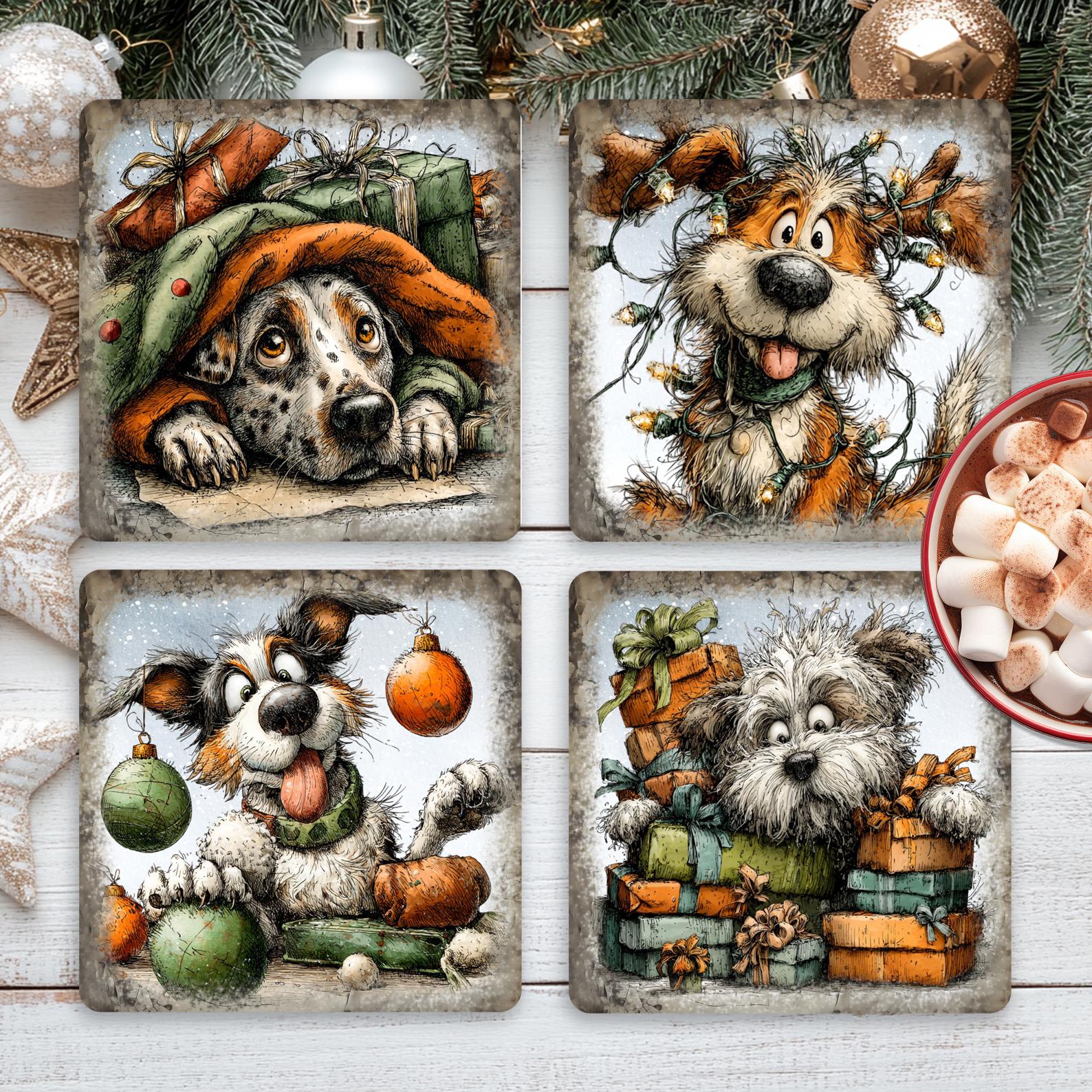 Christmas Dogs Coaster Sublimation Designs, Festive Dogs Square Coaster ...
