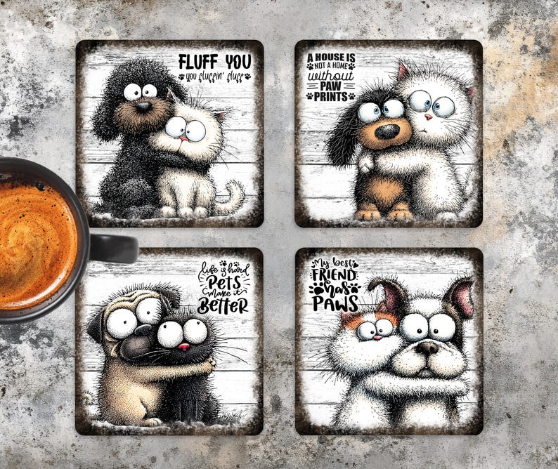 Funny Dogs and Cats Square Coaster Sublimation Design, Dog Cat Friends ...