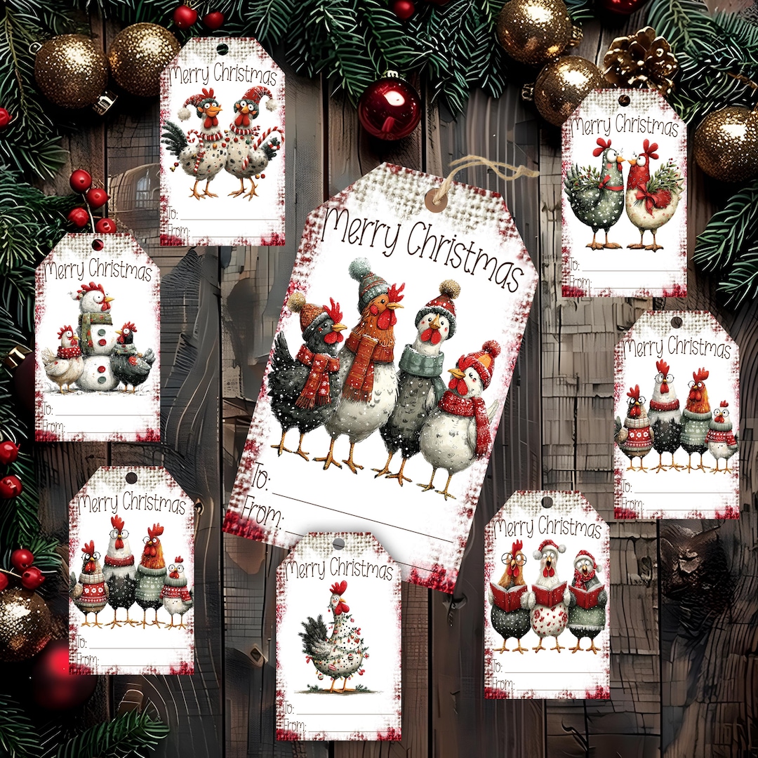 Chicken Christmas Gift Tags, Holiday Labels PNG, Digital Download ...