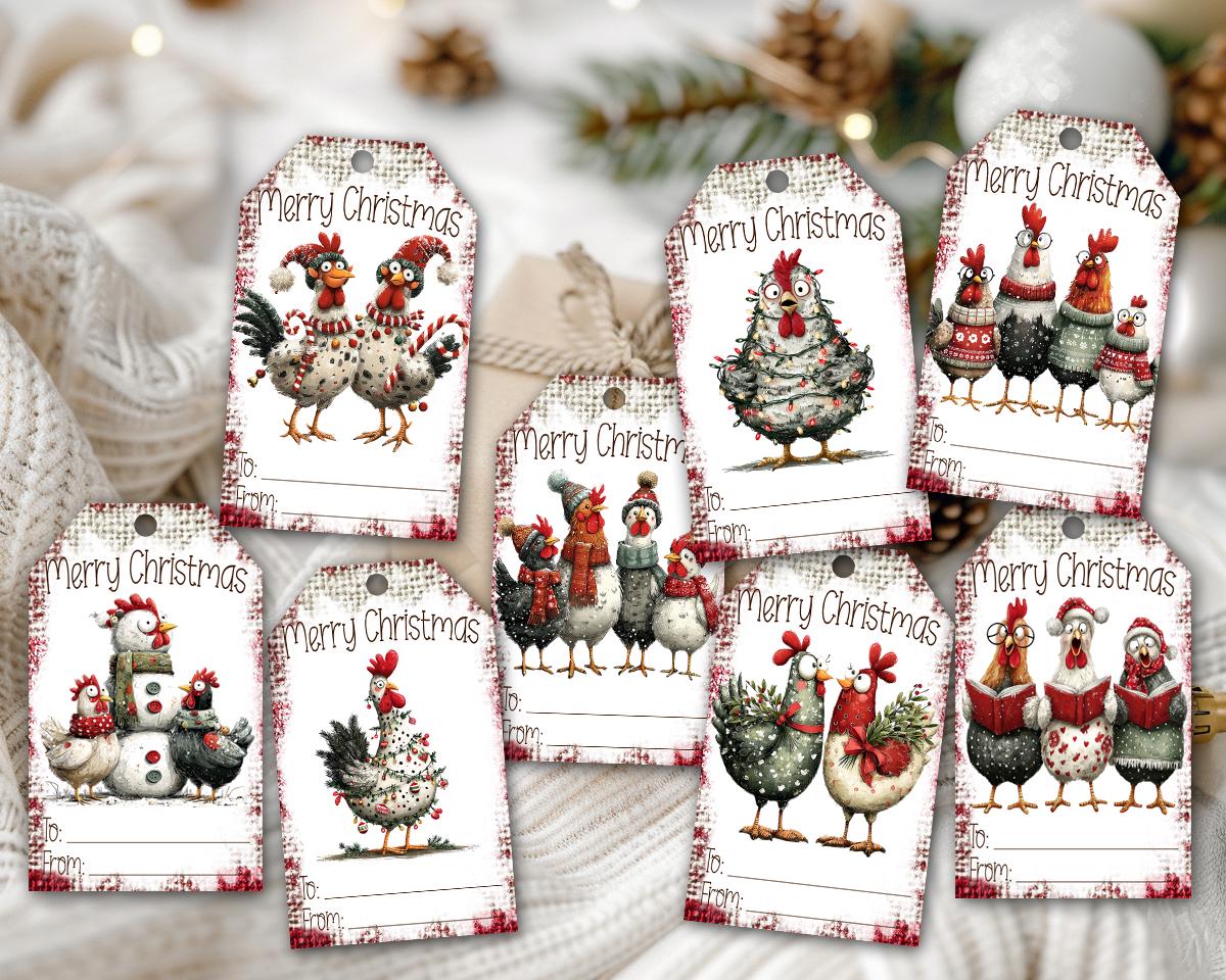 Chicken Christmas Gift Tags, Holiday Labels PNG, Digital Download ...