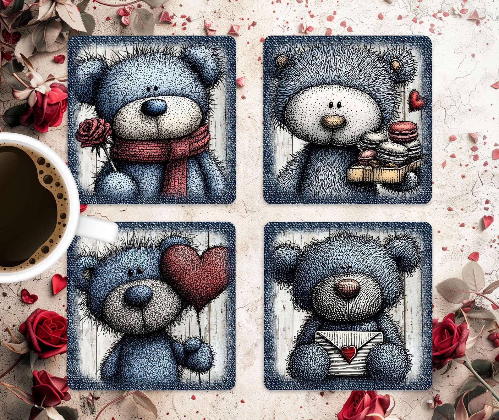 Buy Valentine Teddy Bear Square Coaster Sublimation Design, Romantic ...
