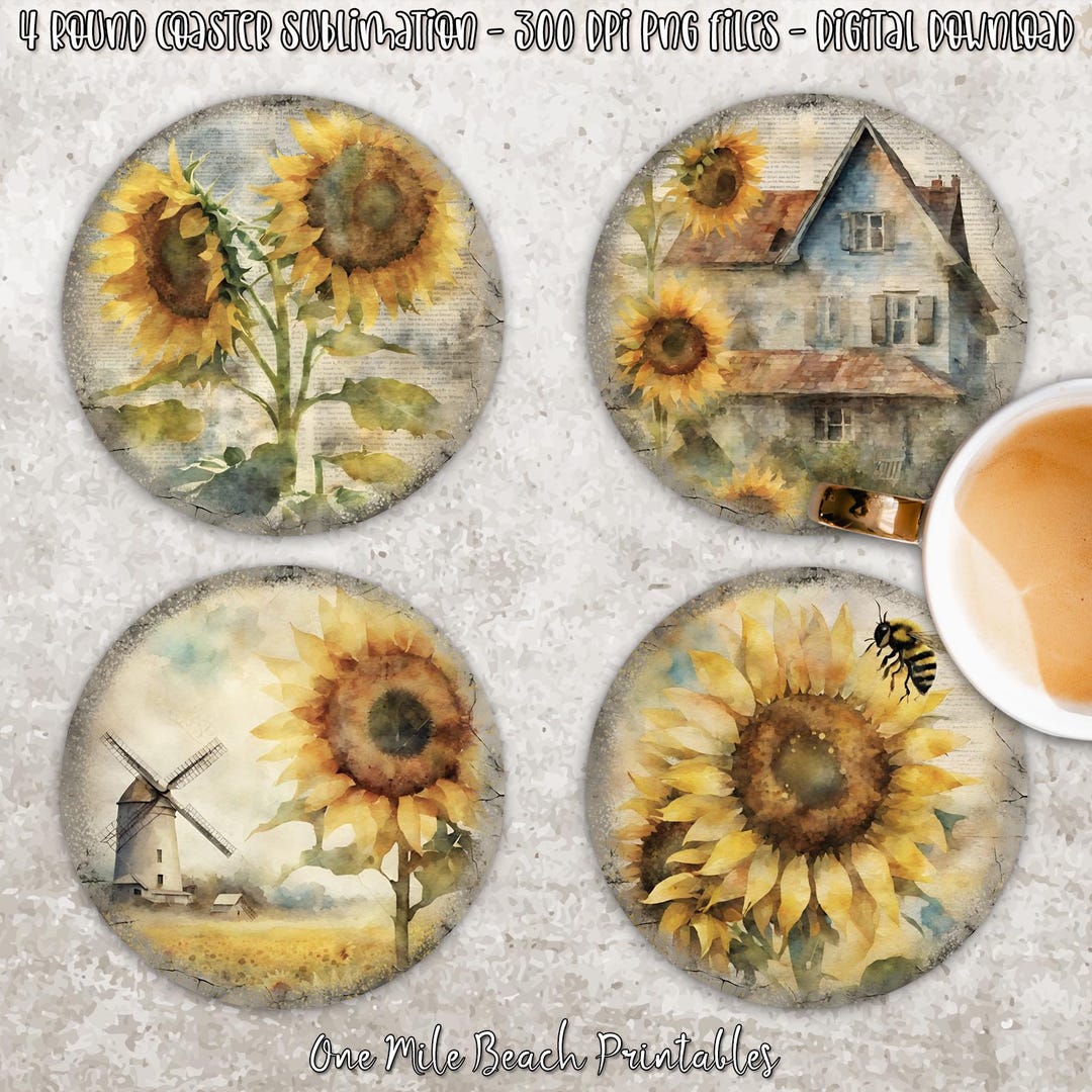 Shabby Sunflowers Round Coaster Design, Rustic Floral Set (digital ...