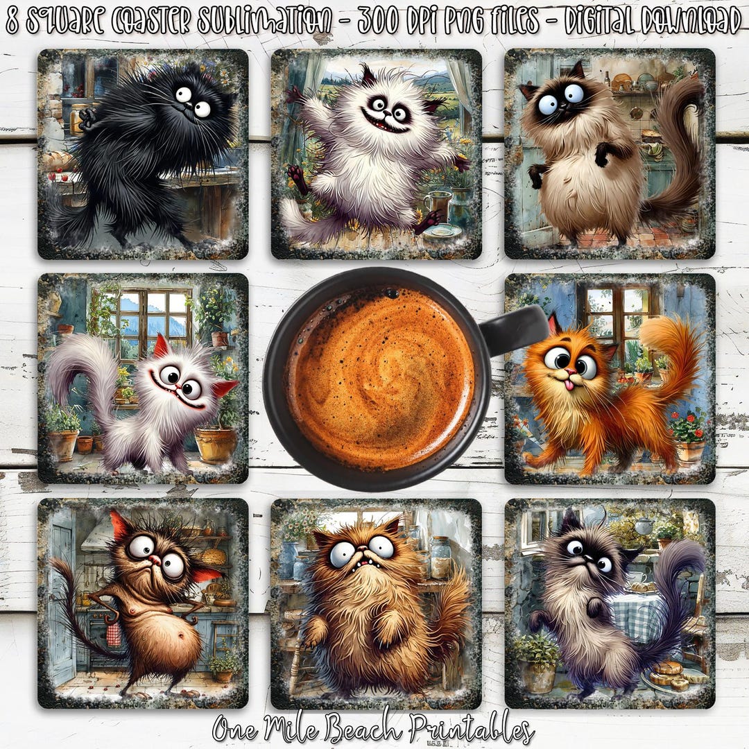 Funny Cats Coaster Set PNG, Whimsical Cat Cup Coasters (digital ...
