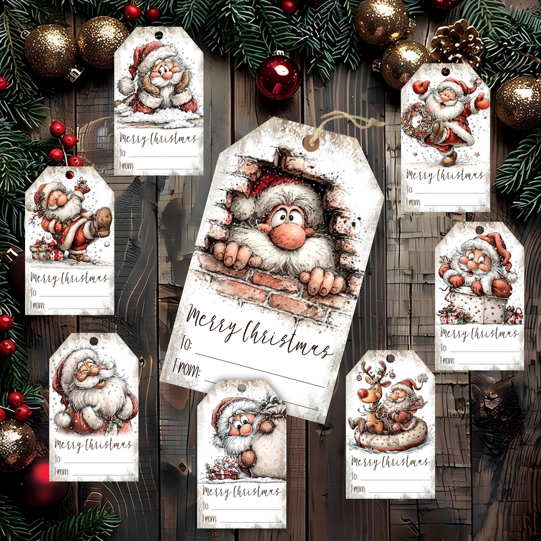 Funny Santa Gift Tags, Holiday Labels PNG, Digital Download, Merry ...