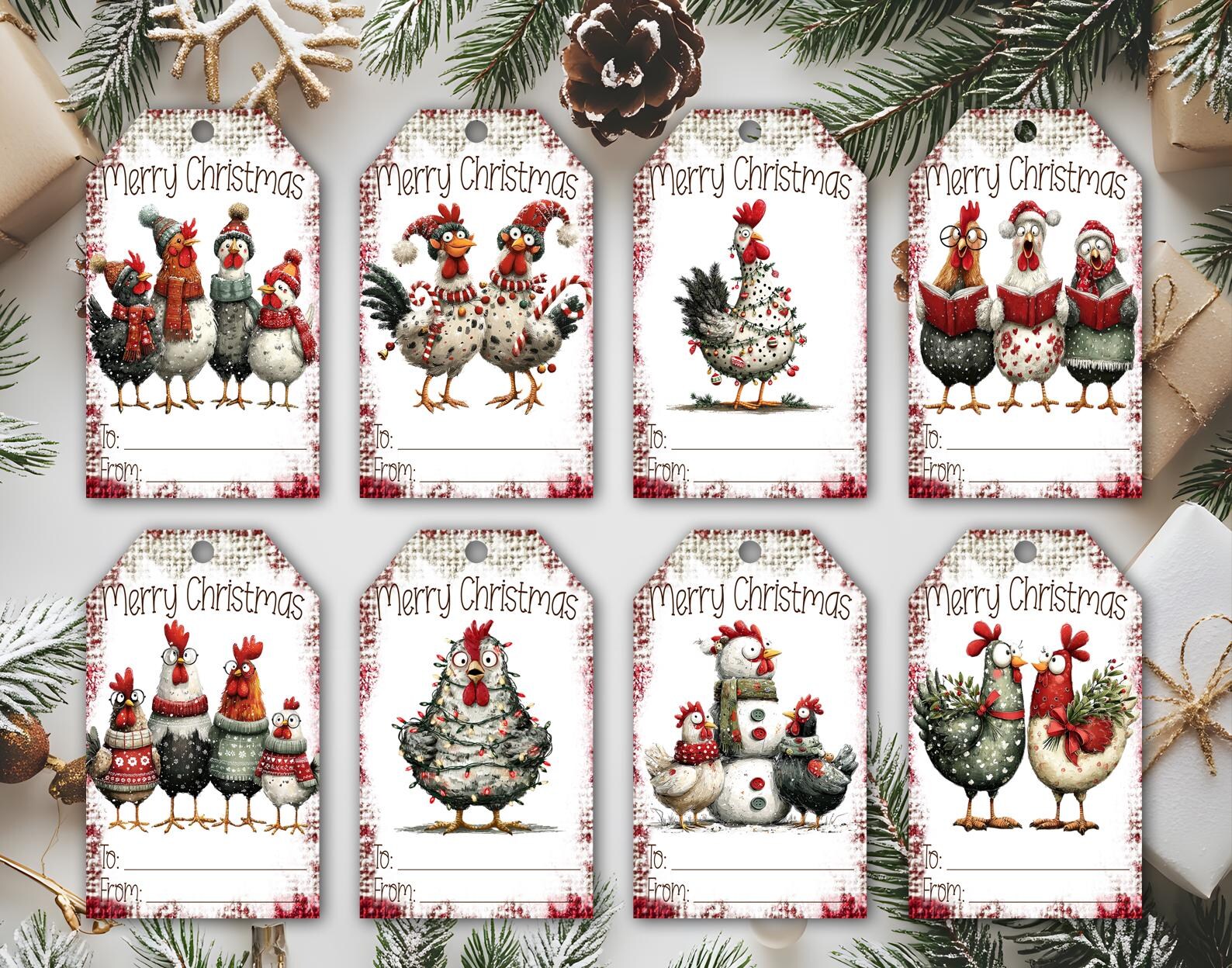Chicken Christmas Gift Tags, Holiday Labels PNG, Digital Download ...