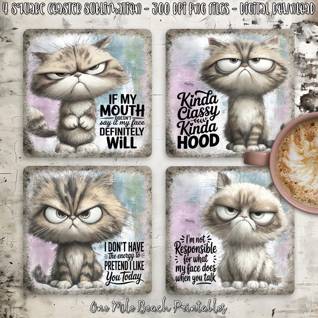 Grumpy Cat Coaster Sublimation Designs, Funny Square PNG (digital ...