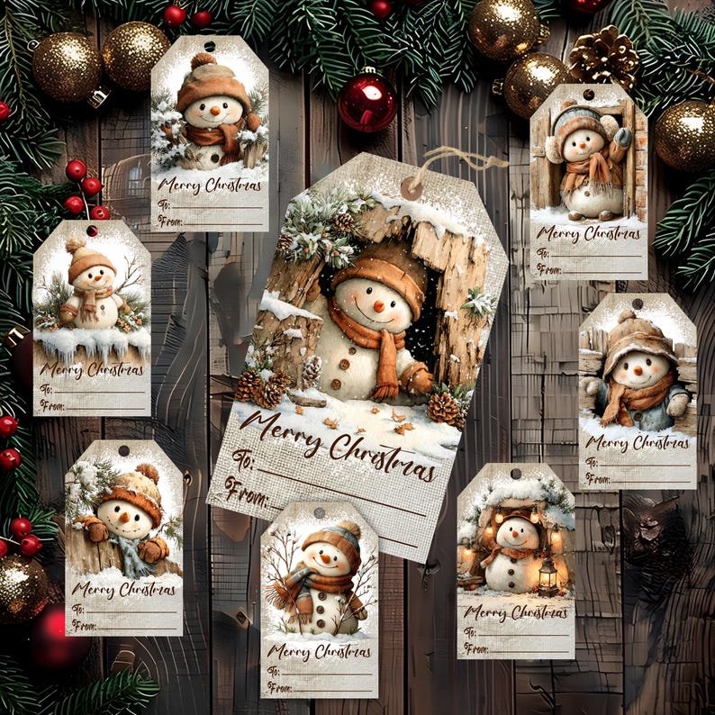 Rustic Snowman Gift Tags, Holiday Labels PNG, Digital Download ...
