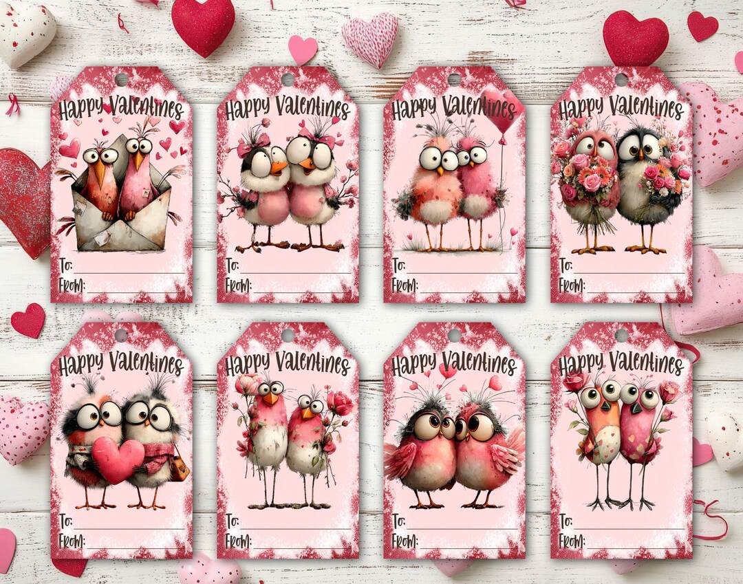 Valentine Birds Gift Tags, Valentine's Day Labels PNG, Digital Download ...