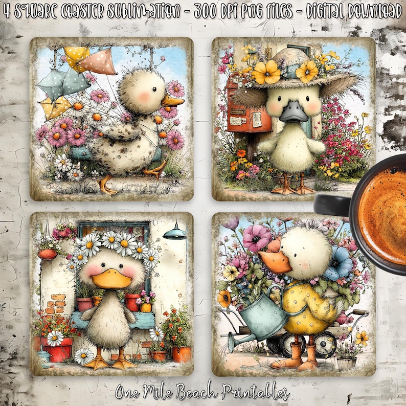 Spring Duck Coaster Sublimation Design (digital Download 4x4 PNG Set ...