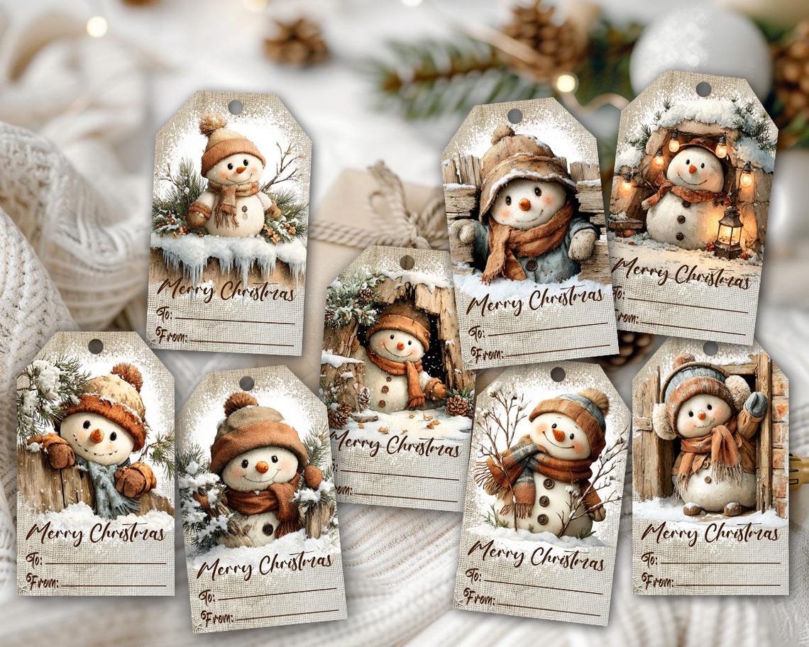 Rustic Snowman Gift Tags, Holiday Labels PNG, Digital Download ...