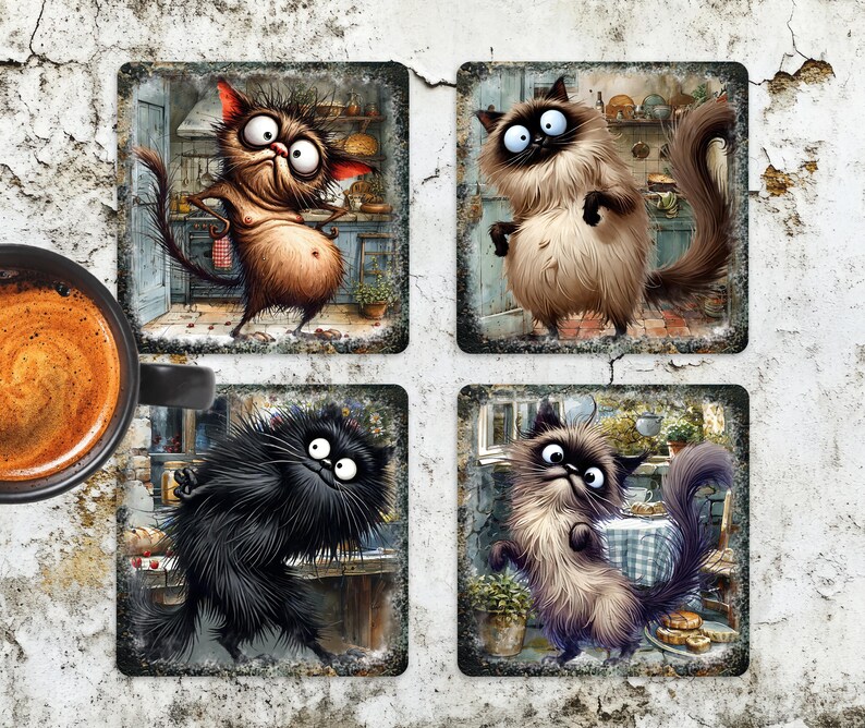 Funny Cats Coaster Set PNG, Whimsical Cat Cup Coasters (digital ...