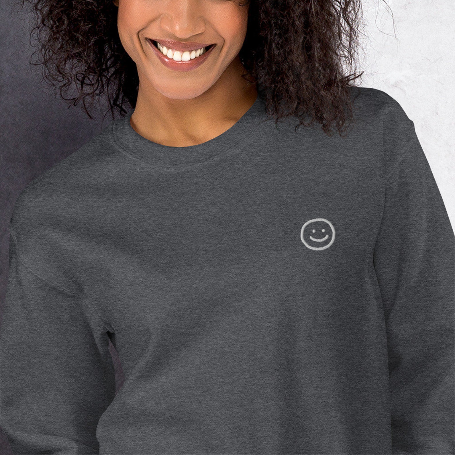 Embroidered Minimalist Smiley Face Sweatshirt | Unique Happy Face ...