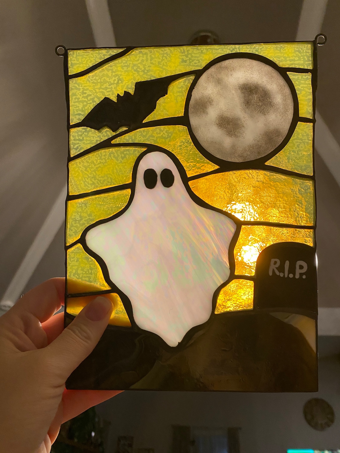 Ghost in Graveyard Stained Glass Panel - Etsy